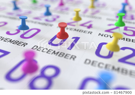 December 1 date marked with red pushpin on a... - Stock Illustration ...