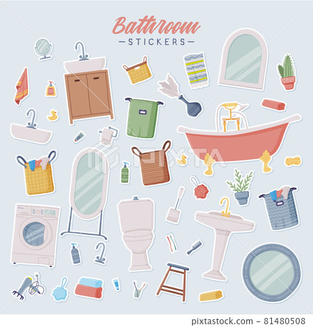 Bathroom or Washroom Stickers with Bathtub,... - Stock Illustration ...