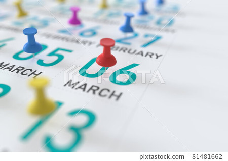 March 6 date and push pin on a calendar, 3D... - Stock Illustration ...