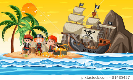 Treasure Island scene at sunset time with... - Stock Illustration ...