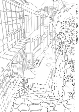 Stone stairs and wooden house line drawing - Stock Illustration ...