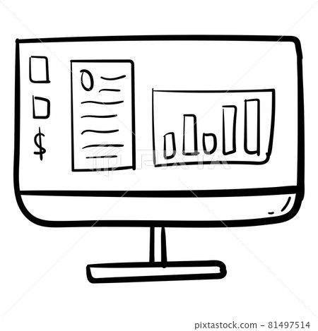 hand drawn monitor with graph icon in doodle... - Stock Illustration ...