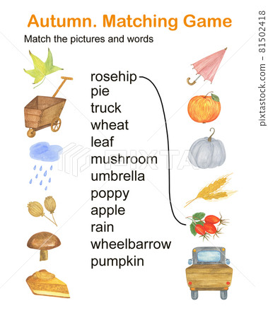 Autumn elements and words matching game, kids... - Stock Illustration ...