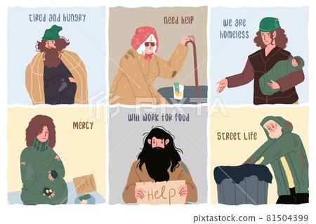 Flat cartoon homeless sad characters set,global... - Stock Illustration ...