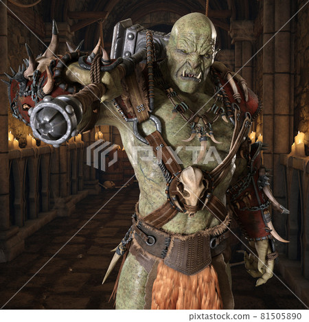 Orc in a medieval dungeon 3d illustration - Stock Illustration ...