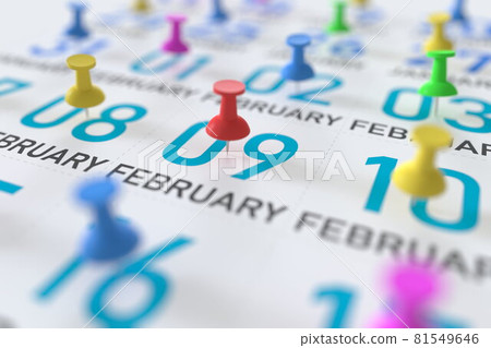 February 9 date and push pin on a calendar, 3D... - Stock Illustration ...