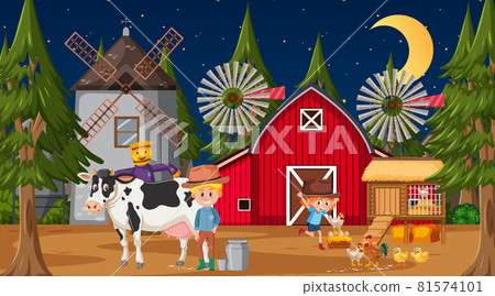 Farm scene at night time with many kids cartoon... - Stock Illustration ...