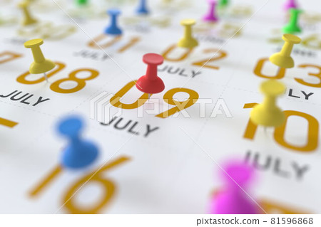July 9 date and push pin on a calendar, 3D... - Stock Illustration ...