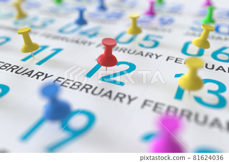 February 12 date marked with red pushpin on a... - Stock Illustration ...