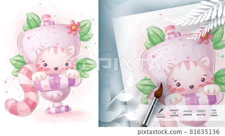 Watercolor cartoon character cat on toilet.... - Stock Illustration ...