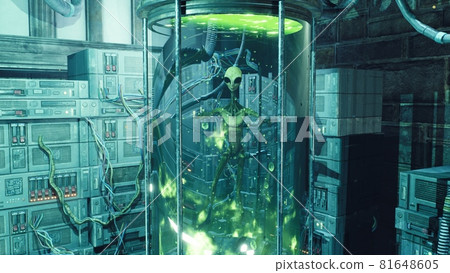 An alien float in a green gurgling liquid in a... - Stock Illustration ...