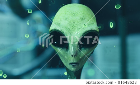 An alien float in a green gurgling liquid in a... - Stock Illustration ...