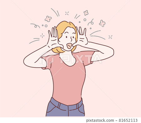 Young woman is smiling and cheerful with hands... - Stock Illustration ...