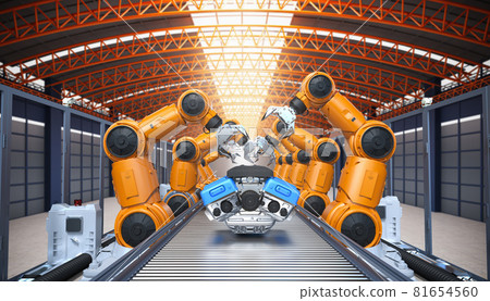 robot assembly line with car engine or machine - Stock Illustration ...