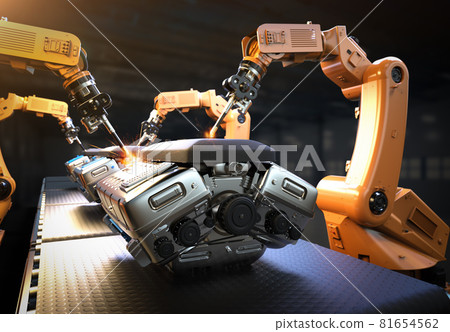 robot assembly line with car engine or machine - Stock Illustration ...