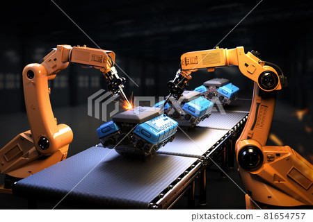 robot assembly line with car engine or machine - Stock Illustration ...