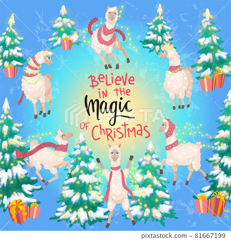 Happy alpacas, Christmas trees, gifts around,... - Stock Illustration ...