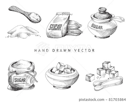 Hand drawn sugar items set engraving vintage... - Stock Illustration ...