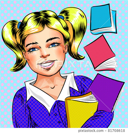 Vector pop art happy school girl holding books - Stock Illustration ...