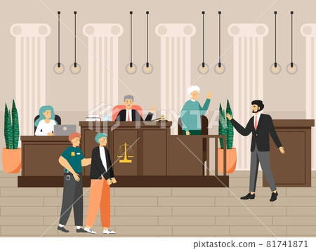 Court session in the courtroom, flat vector... - Stock Illustration ...