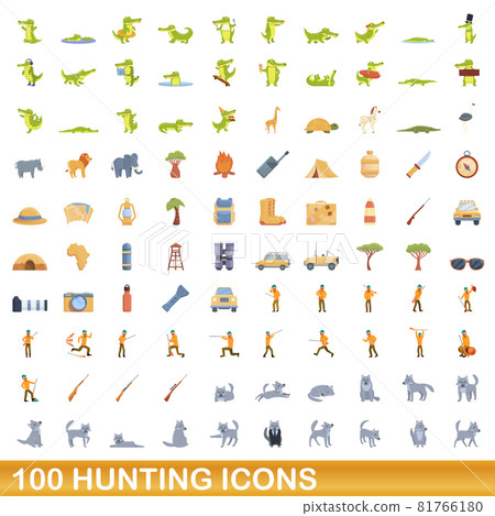 100 hunting icons set, cartoon style - Stock Illustration [81766180 ...