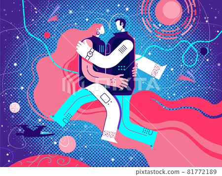 Couple, man and woman astronauts hug in space,... - Stock Illustration ...