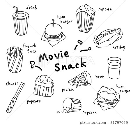 Set of monochrome illustrations of cinema food - Stock Illustration ...