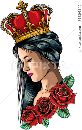 vector illustration of queen with crown and roses - Stock Illustration ...