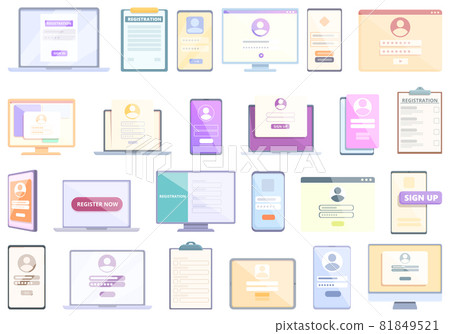 Registration icons set cartoon vector. Account... - Stock Illustration ...