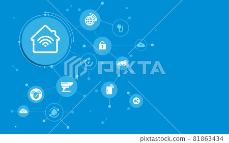 Smart home interface icons in room interior.... - Stock Illustration ...