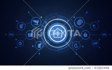 Smart home interface icons in room interior.... - Stock Illustration ...