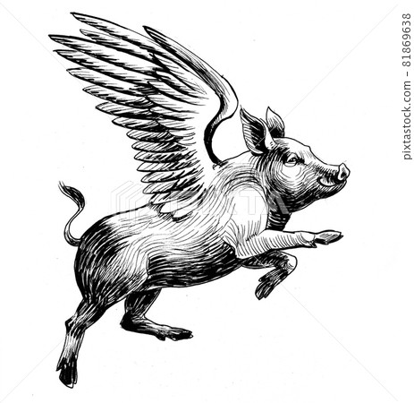Flying winged pig. Ink black and white drawing-插圖素材 [81869638] - PIXTA圖庫