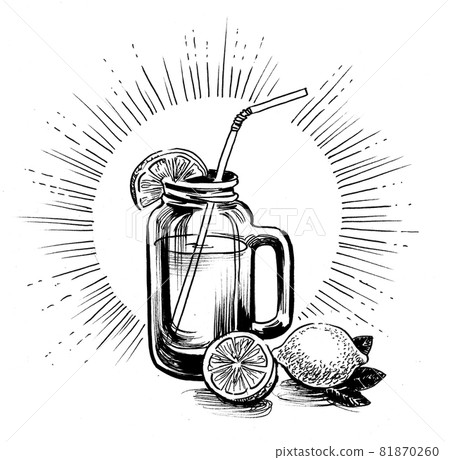 Jar of lemonade and fresh lemon fruits. Ink... - Stock Illustration ...