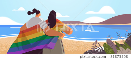 two girls holding lgbt rainbow flag gay lesbian... - Stock Illustration ...
