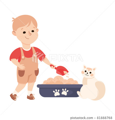 Cute Boy Cleaning Litter Box Doing Housework... - Stock Illustration ...