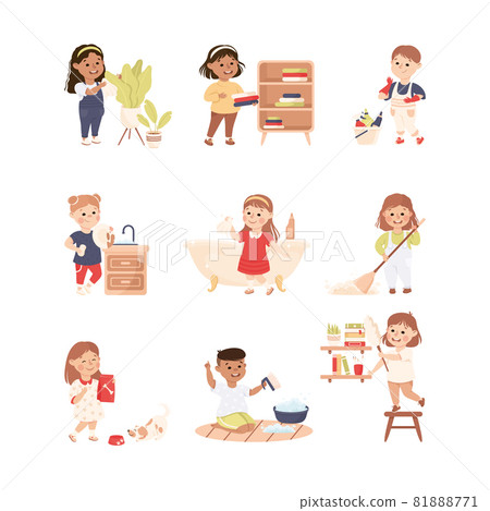 Cute Kids Doing Housework and Housekeeping... - Stock Illustration ...