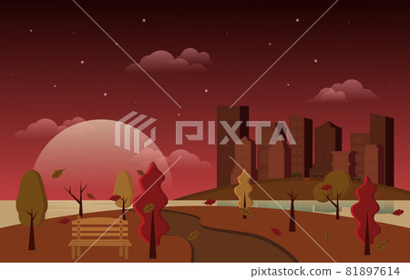 Autumn Fall Season Big Moon City Building... - Stock Illustration ...