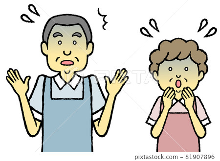 Senior men and women in aprons turn pale,... - Stock Illustration ...