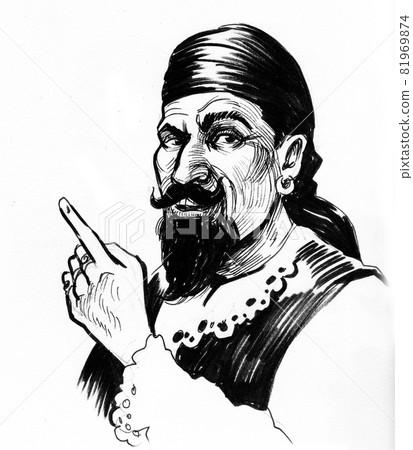 Pirate captain pointing up. Ink black and white... - Stock Illustration ...