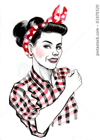 Strong female worker. Ink and watercolor drawing - Stock Illustration ...