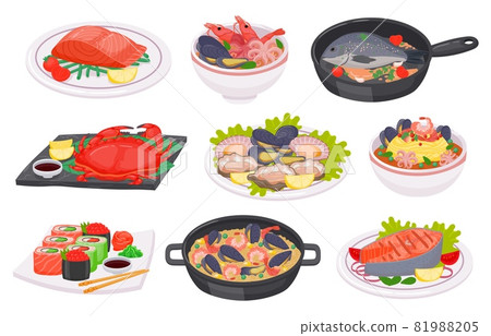 Cartoon seafood dishes with fish, octopus,... - Stock Illustration ...