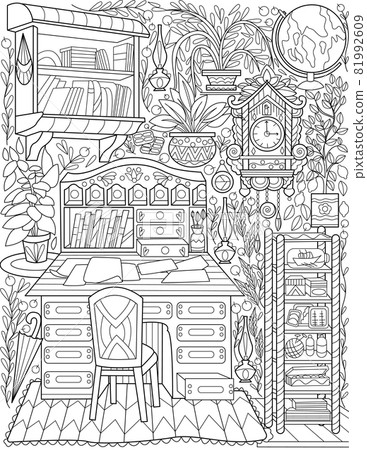 Study Room Doodle Line Drawing Desk Drawer... - Stock Illustration ...