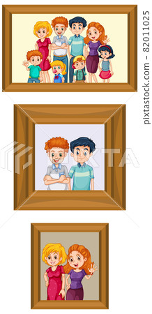Set of happy family photo on the wooden frame - Stock Illustration ...
