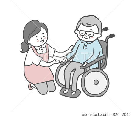 Female staff having fun talking to senior men... - Stock Illustration ...