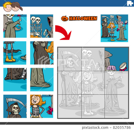 jigsaw puzzle game with scary Halloween characters - Stock Illustration ...