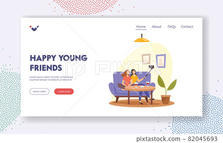 Happy Young Friends Landing Page Template.... - Stock Illustration ...
