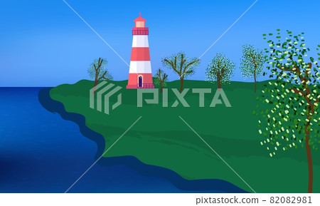 Lighthouse on a green camp, surrounded by the... - Stock Illustration ...