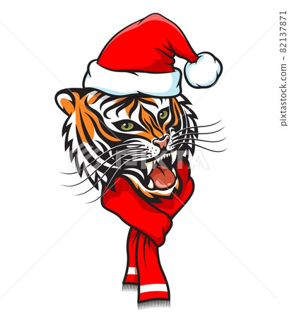 Tiger in santa claus hat. New Year tigress - Stock Illustration ...