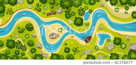 River top view landscape above forest, aerial map - Stock Illustration ...