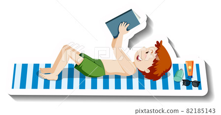 Boy laying on beach mat cartoon sticker - Stock Illustration [82185143 ...